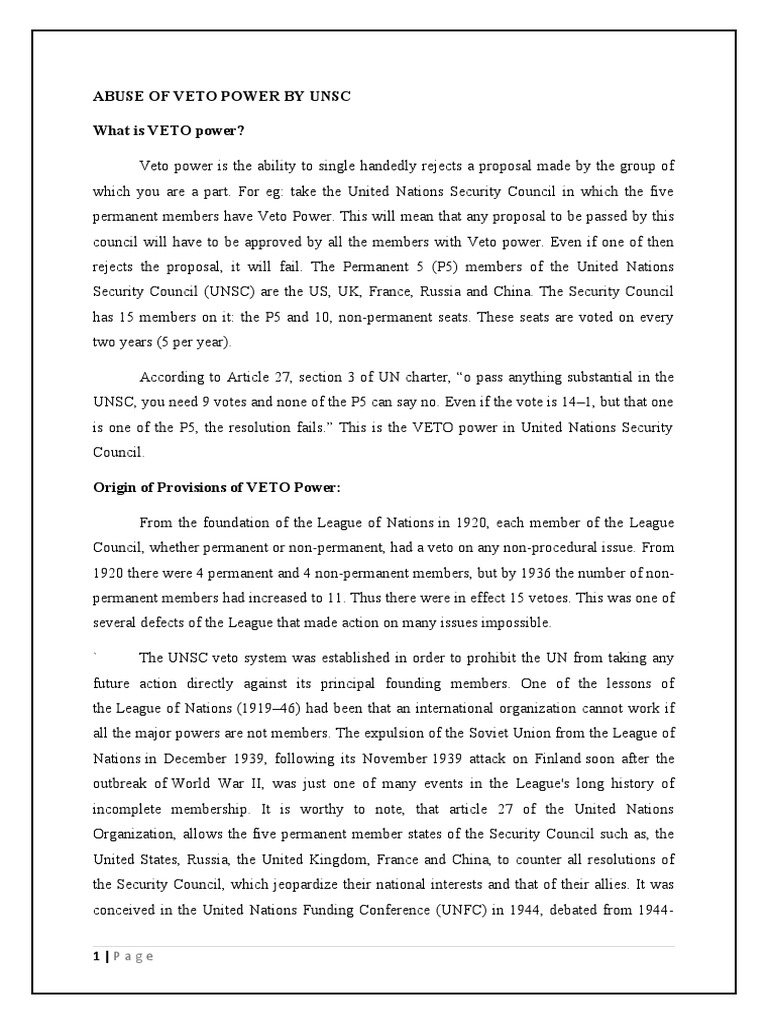 Abuse of Veto Power by Unsc What Is VETO Power? | PDF | United Nations ...