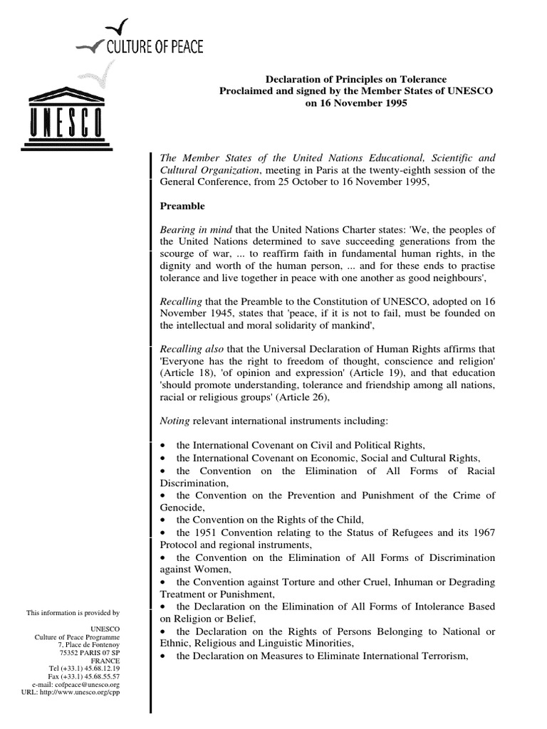 Declaration of Principles On Tolerance Proclaimed and Signed by The ...