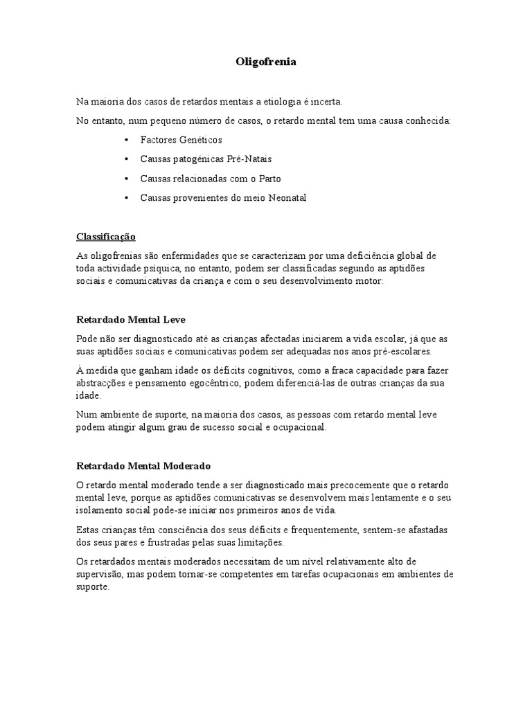 Oligofrenia | PDF | Deficiência intelectual | Demência