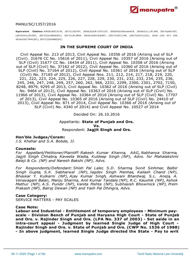 State of Punjab and Ors Vs Jagjit Singh and Ors | PDF | Judgment (Law) | Equal Pay For Equal Work