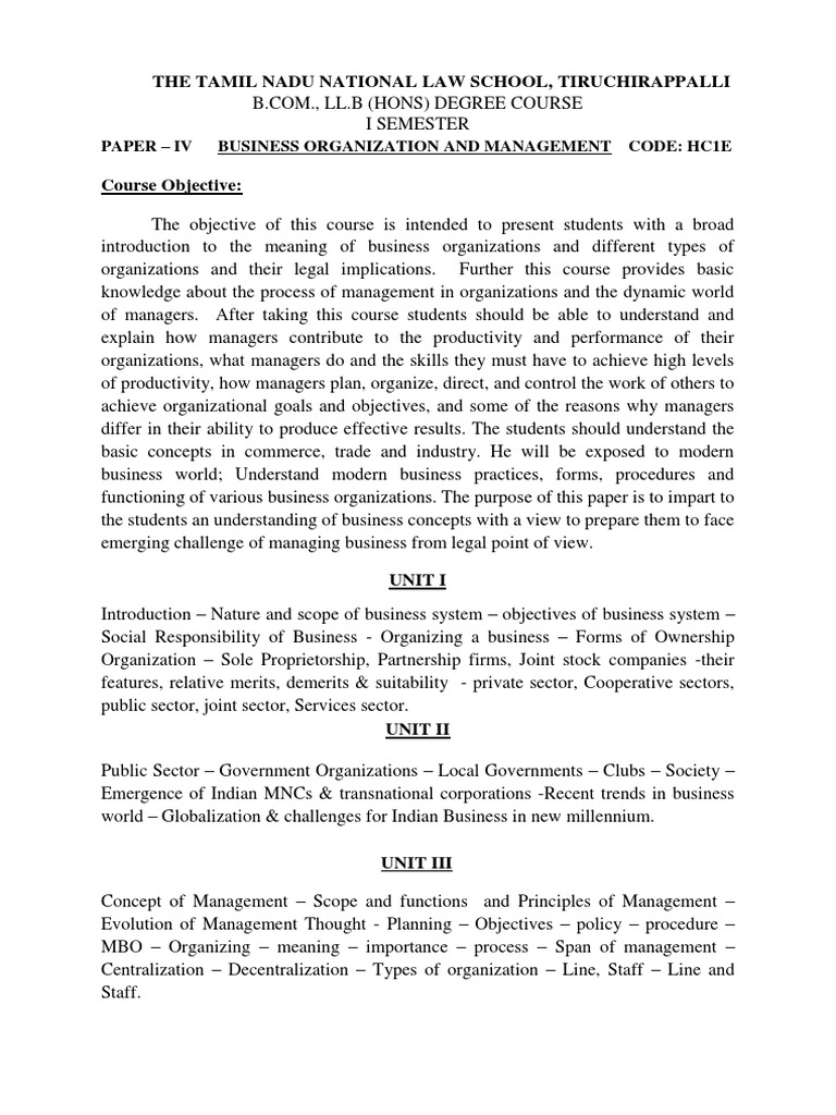 Business Organization & Management Syllabus | PDF | Business | Policy