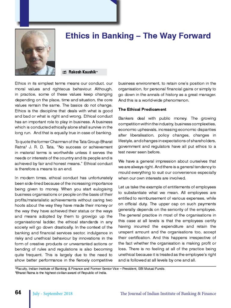 Ethics in Banking-The Way Forward by CA Rakesh Kaushik Published in ...