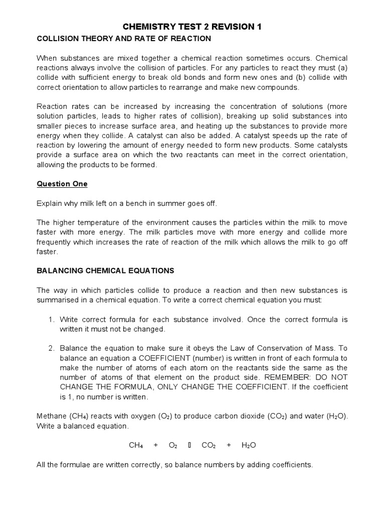 Chemistry Test 2 Revision 1: Collision Theory and Rate of Reaction ...