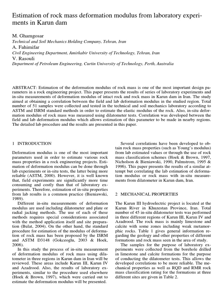 Ghamgosar 2010 Rock Mass Deformation Modulus | PDF | Young's Modulus ...