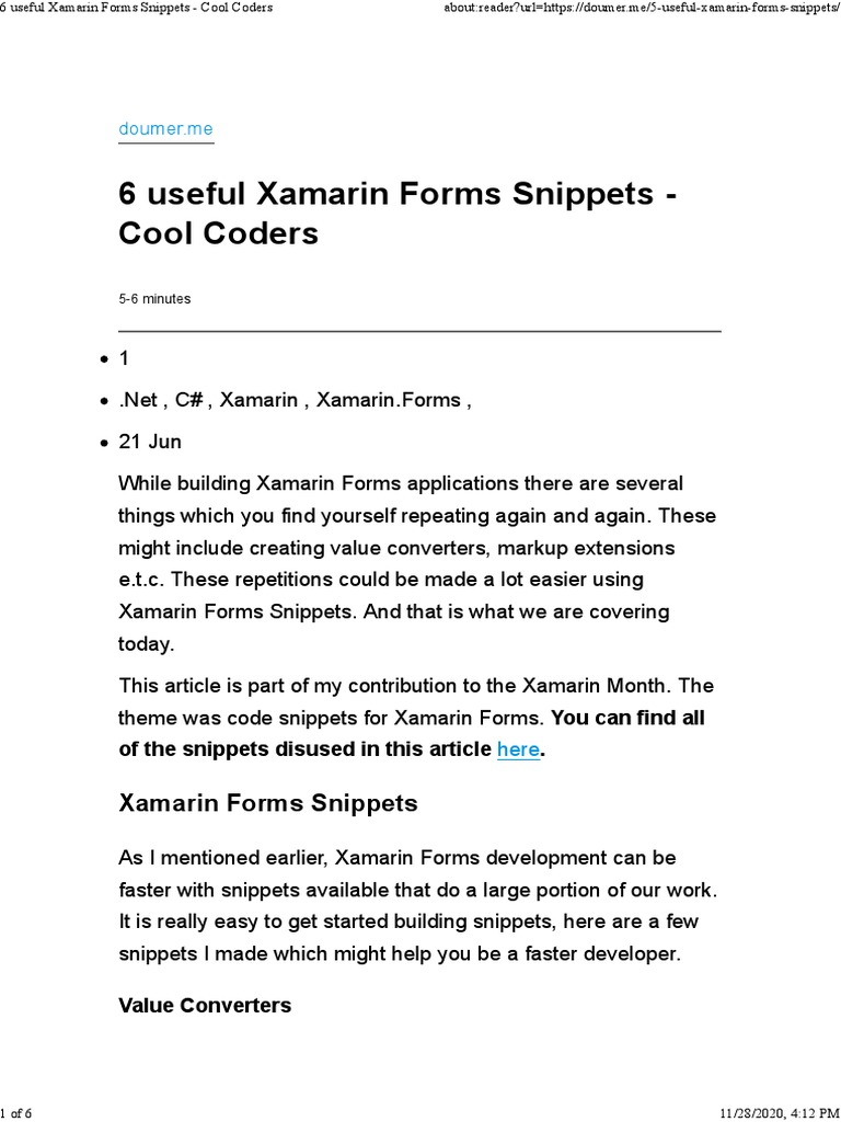 6 Useful Xamarin Forms Snippets - Cool Coders: Doumer - Me | PDF | Boolean Data Type | Software ...