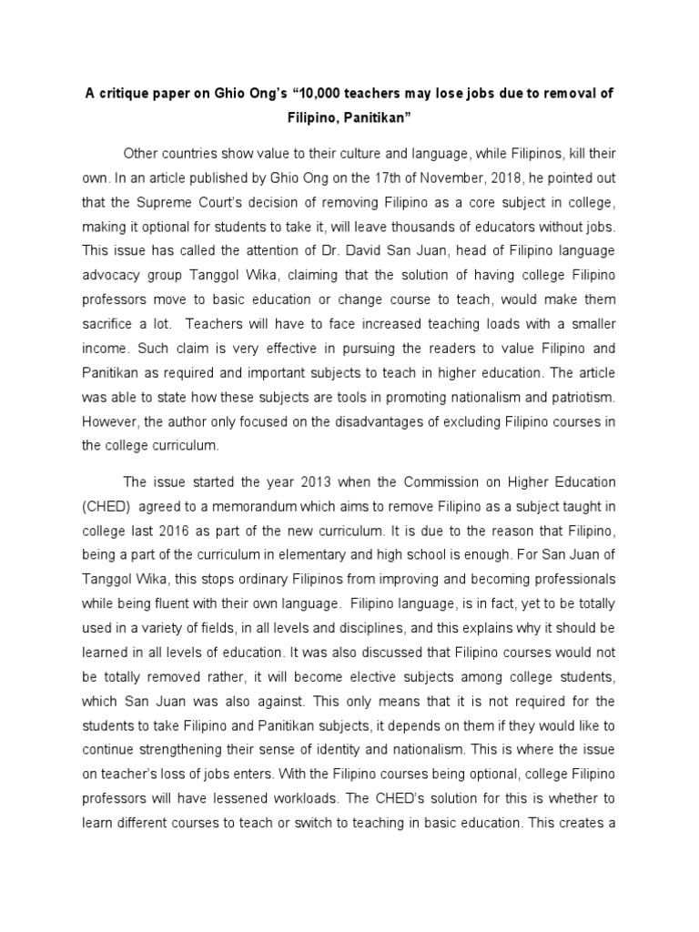 A Critique Paper On Ghio Ong | PDF | Philippines | Teachers