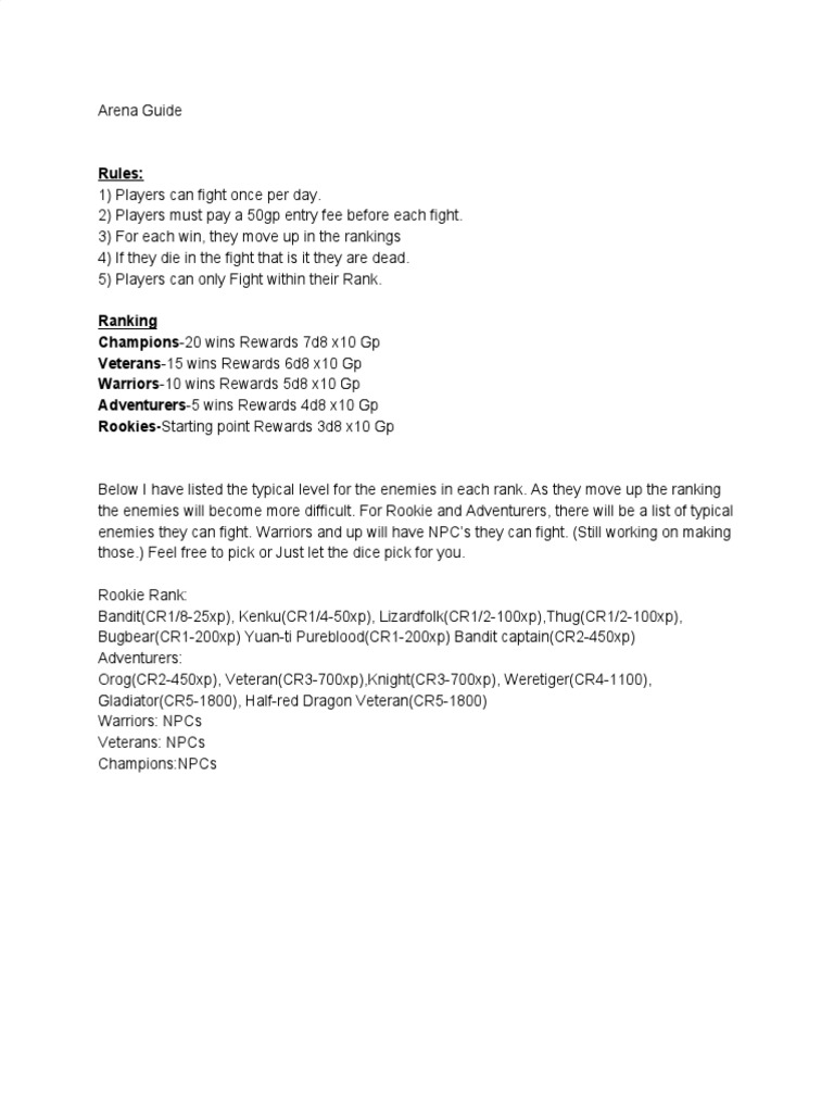 Arena Combat Rules and Rankings Guide | PDF