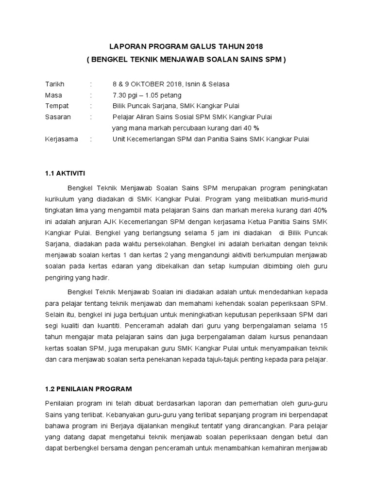 Laporan Program Galus SPM 2018 | PDF