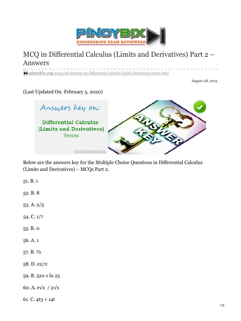 Differential Calculus MCQ Answers Part 2 | PDF