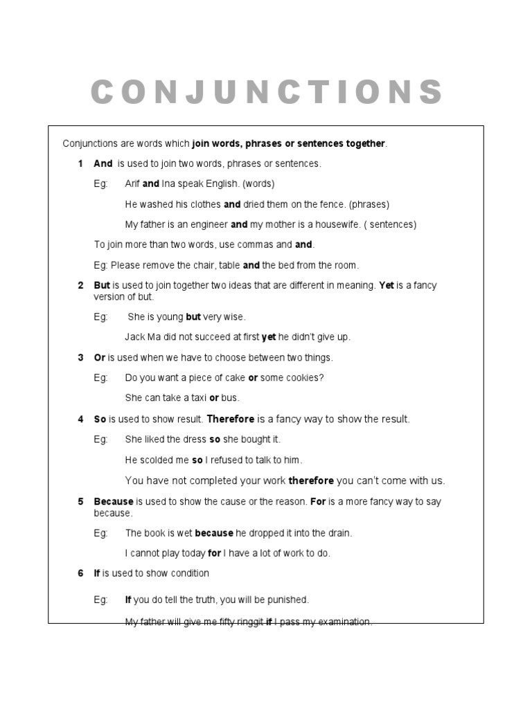 Conjunctions Worksheet Year 6 | PDF | Clothing