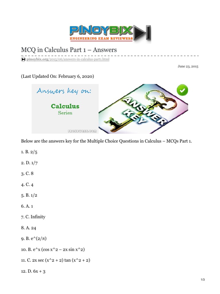 MCQ in Calculus Part 1 Answers | PDF