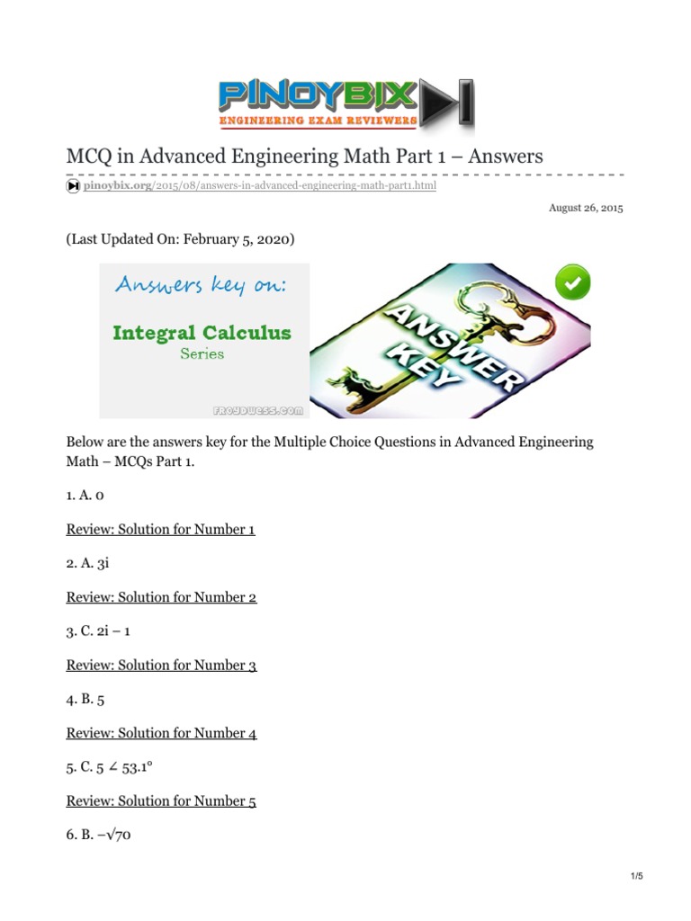 Advanced Engineering Math MCQ Answers | PDF | Multiple Choice ...