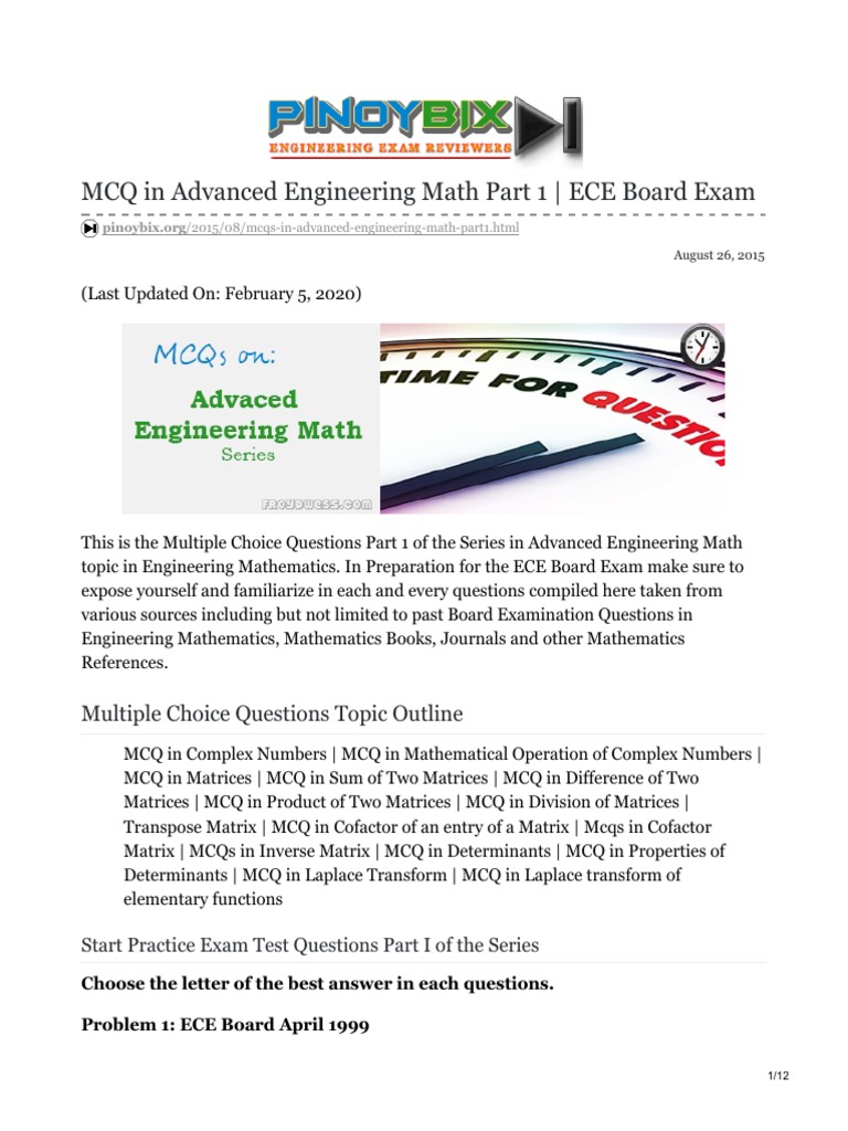 MCQ in Advanced Engineering Math Part 1 ECE Board Exam PDF | PDF ...