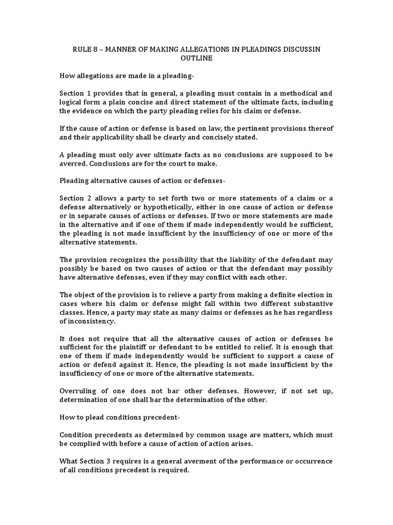 Rule 8 - Manner of Making Allegations in Pleadings Discussion Outline ...