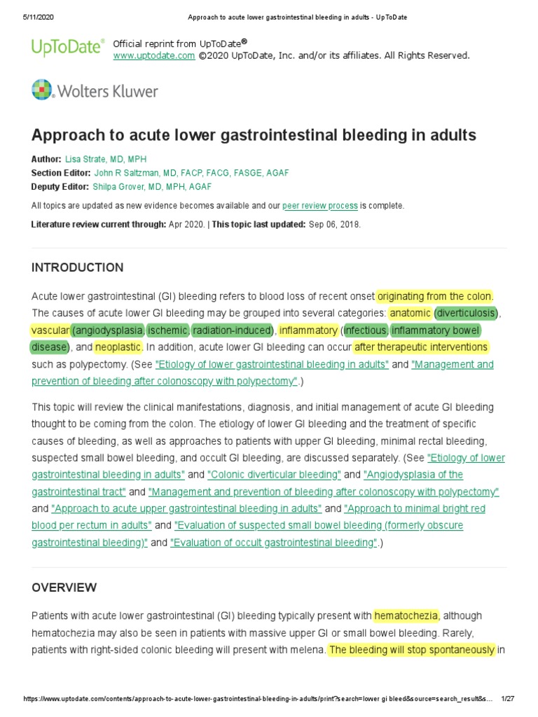 Approach To Acute Lower Gastrointestinal Bleeding in Adults - UpToDate ...