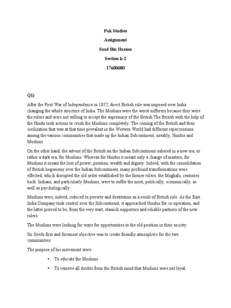 Pak Studies Assignment 4 | PDF | British Raj | Society