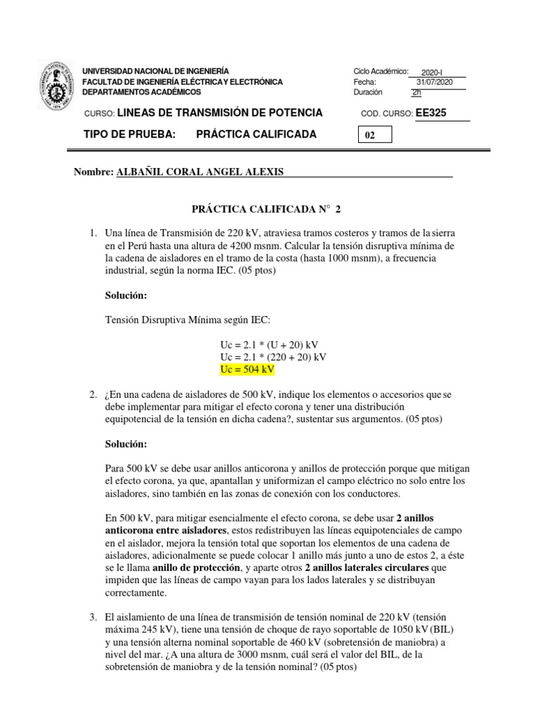 PC2 - Albañil Coral Angel Alexis | PDF | Transmisión de energía eléctrica | Aislador (Electricidad)