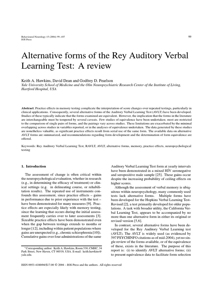 Alternative Forms of The Rey Auditory Verbal Learning Test A Review PDF ...