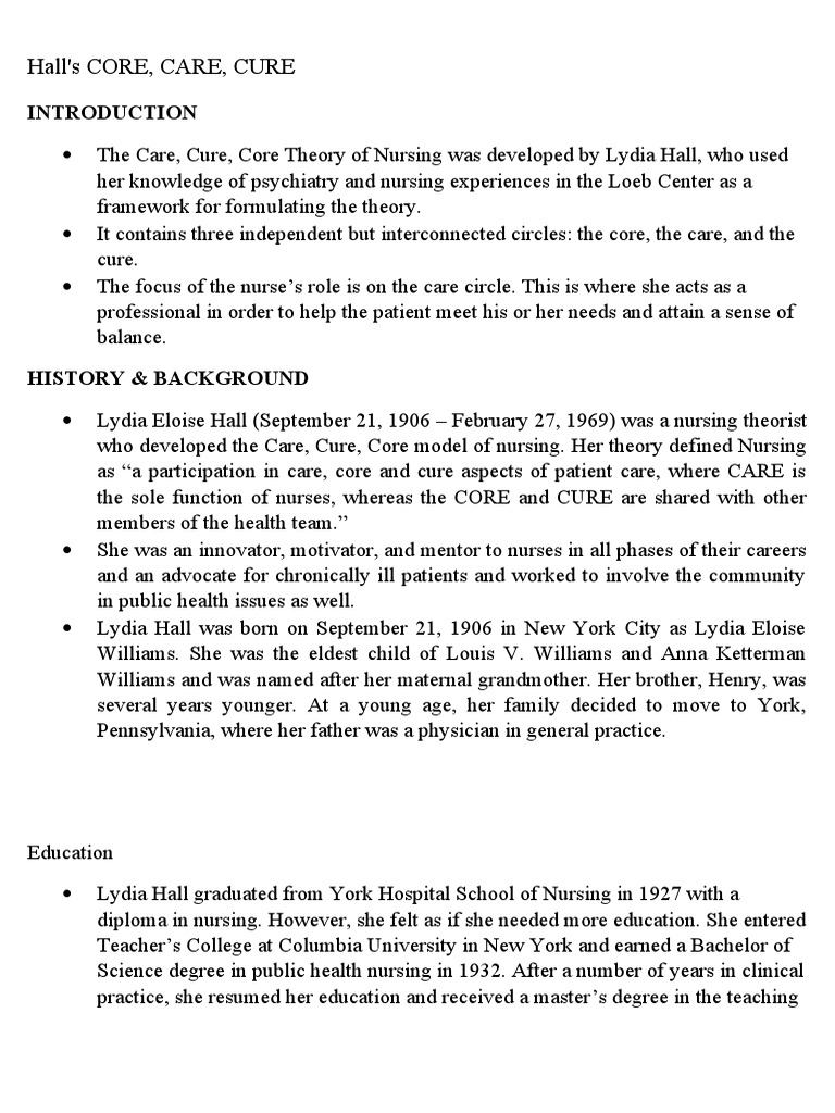 Hall's Care, Cure, Core Nursing Theory | PDF | Nursing | Self Awareness