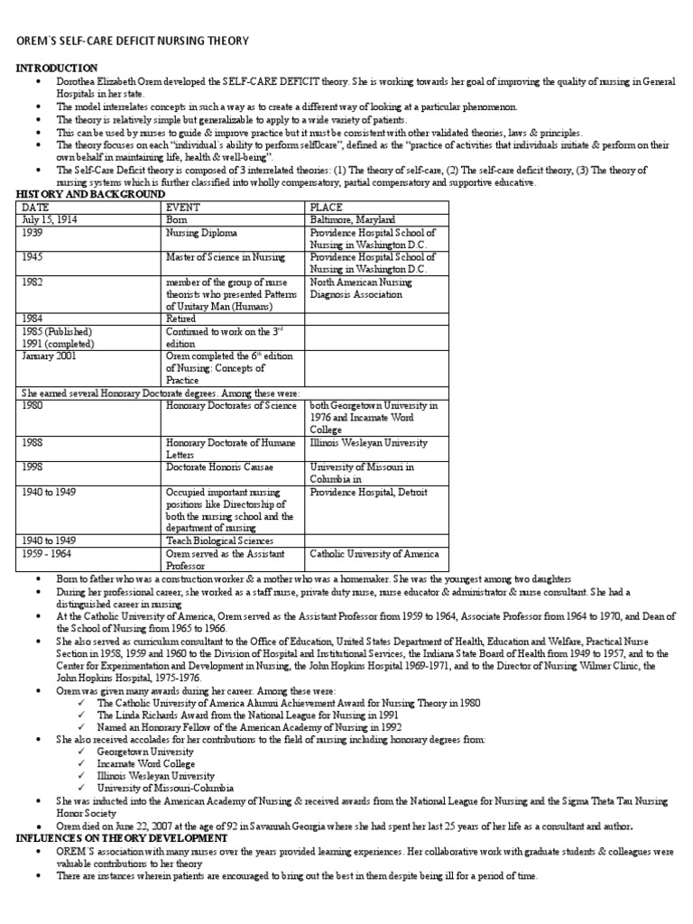 Orem'S Self-Care Deficit Nursing Theory | PDF | Nursing | System