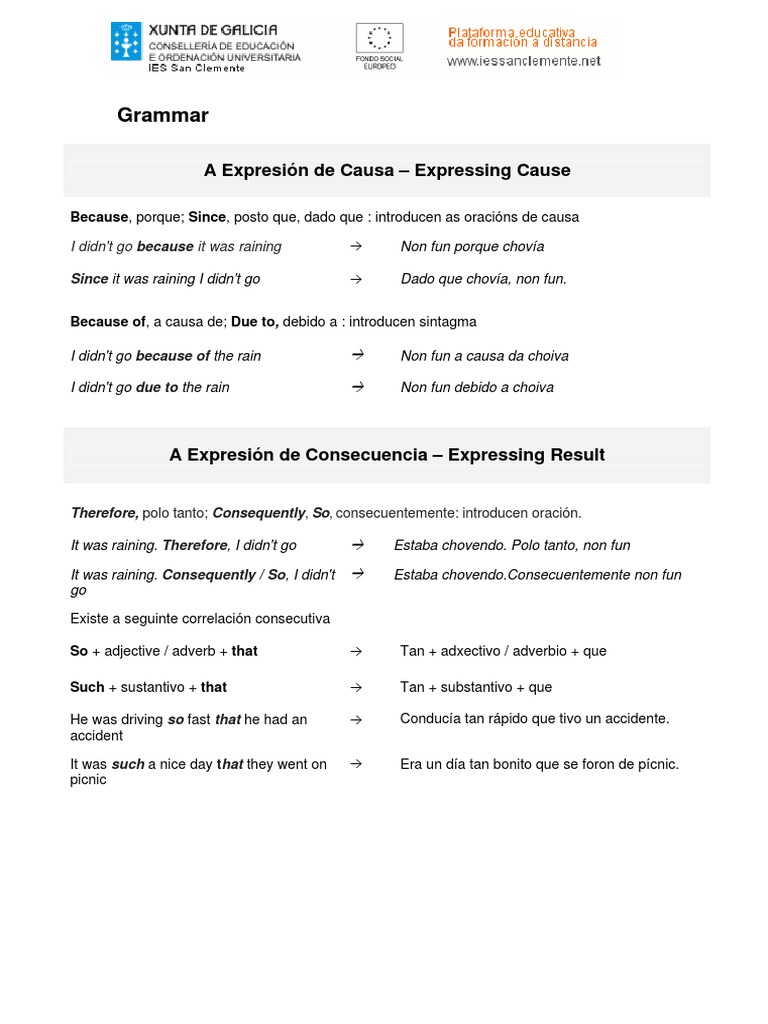 Grammar: A Expresión de Causa - Expressing Cause | PDF