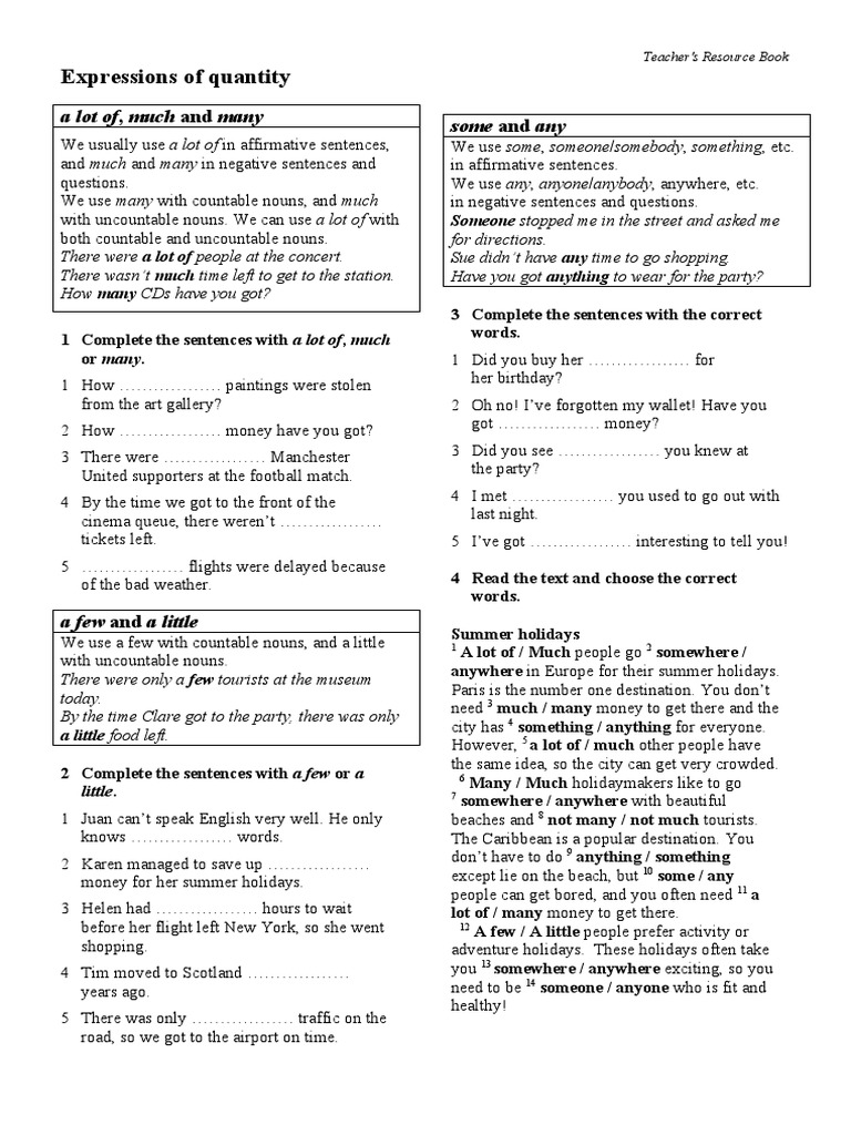Expressions of Quantity: A Lot Of, Much and Many Some and Any | PDF ...