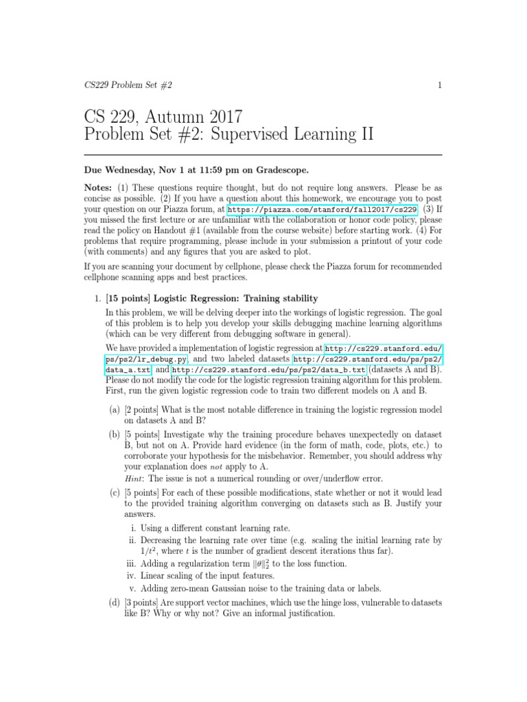 CS 229, Autumn 2017 Problem Set #2: Supervised Learning II | PDF ...