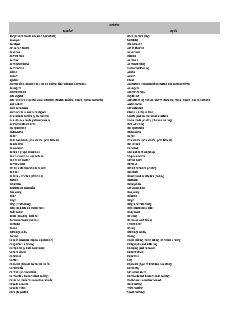 Lista de 100 hobbies en español e inglés | PDF | Aficiones | Deportes