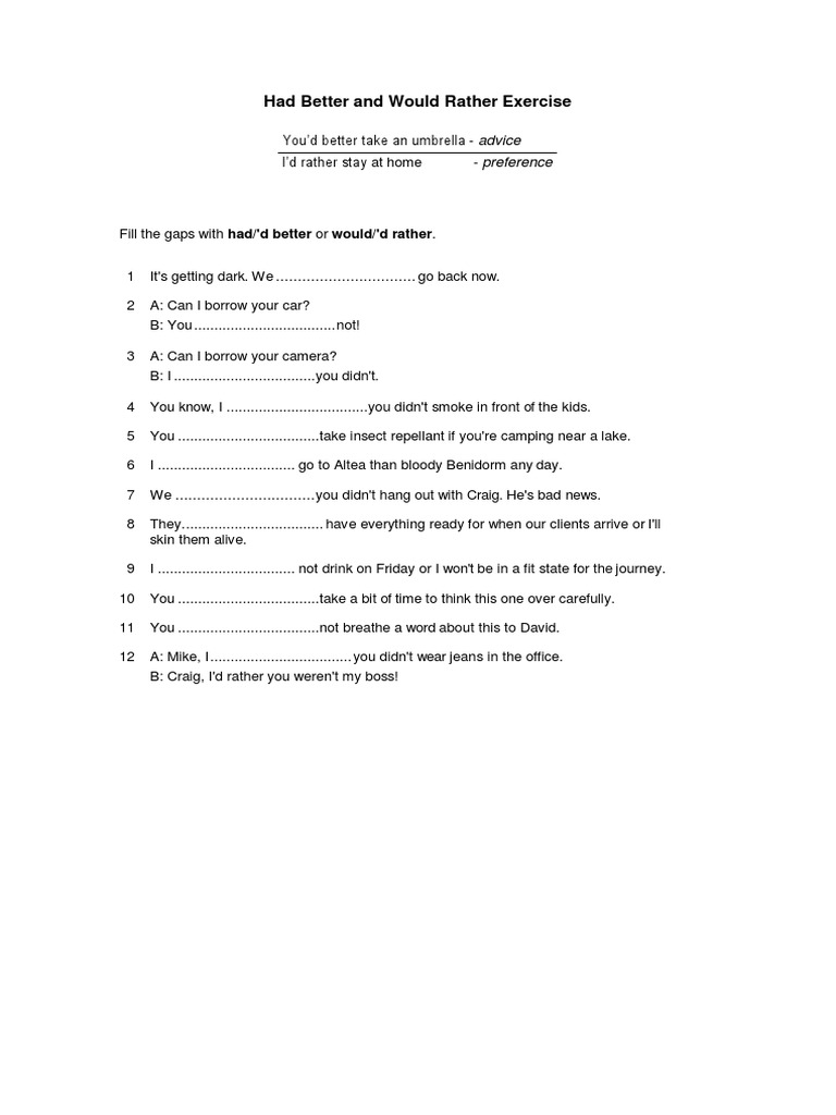 Had Better vs Would Rather Exercises | PDF