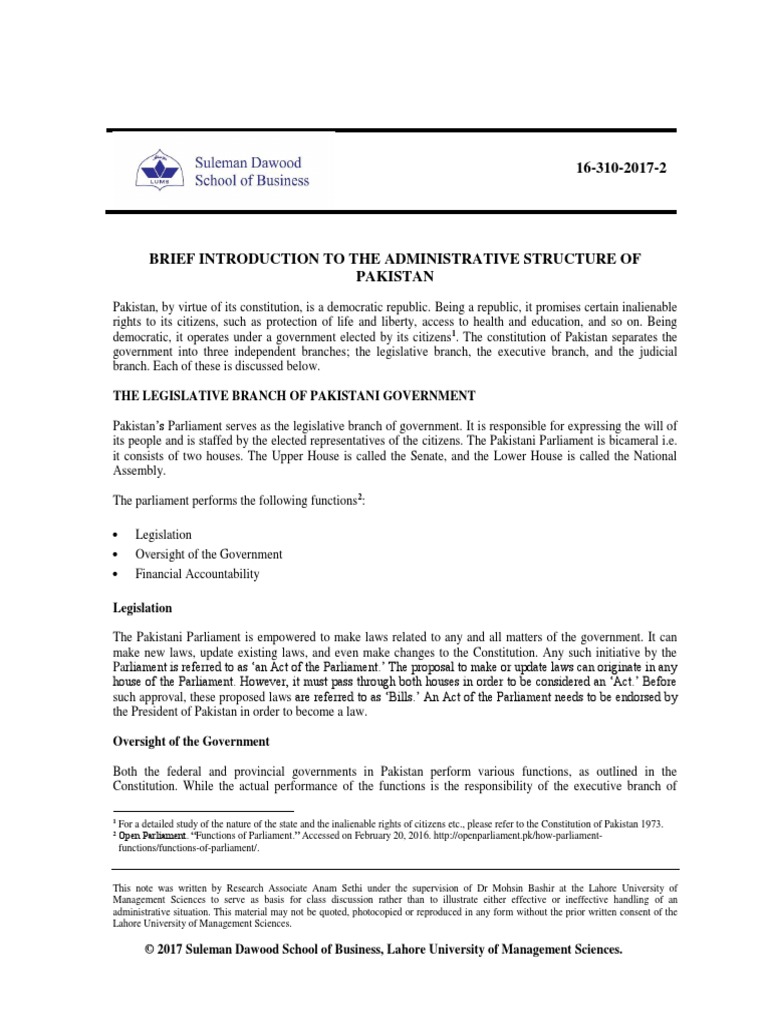 ADMINISTRATIVE STRUCTURE OF Pakistan | PDF | Government Of Pakistan ...