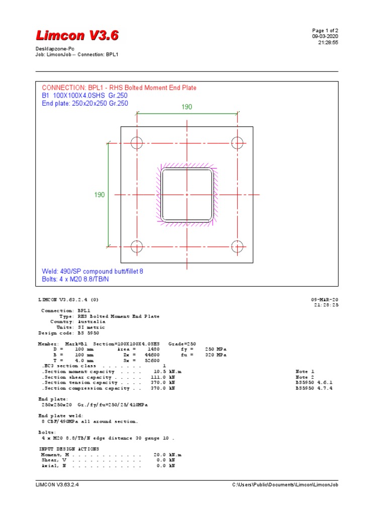 CONNECTION: BPL1 - RHS Bolted Moment End Plate: B1 100X100X4.0SHS Gr ...