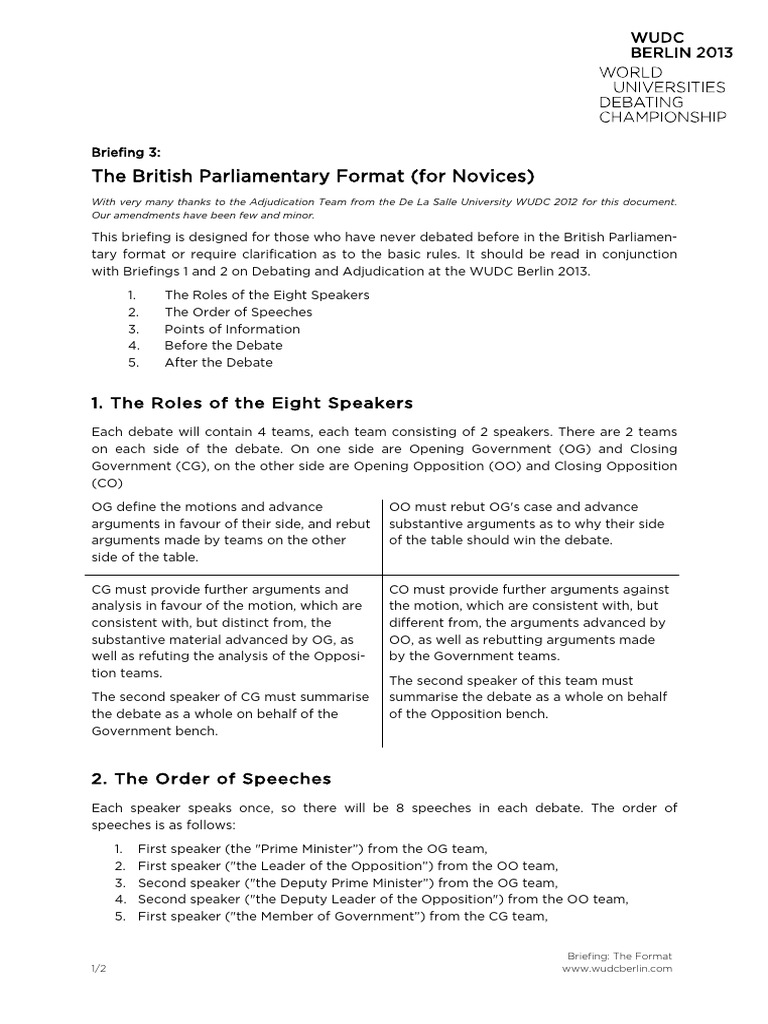 The British Parliamentary Format (For Novices) : 1. The Roles of The ...