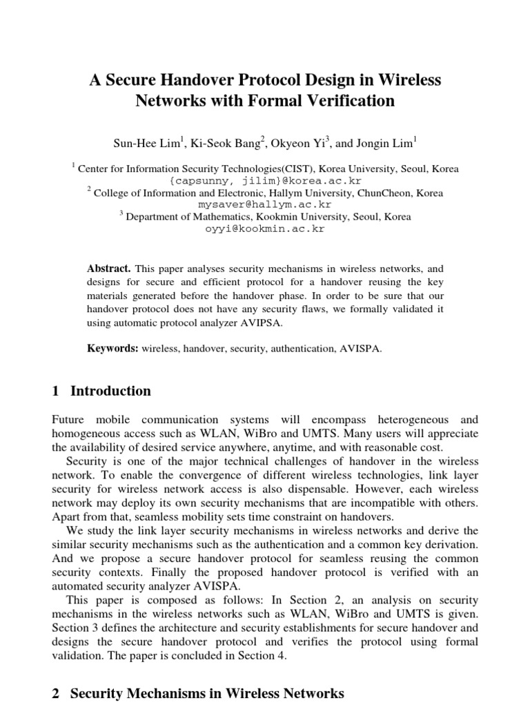 A Secure Handover Protocol Design in Wireless Networks With Formal Verification | PDF | Secure ...