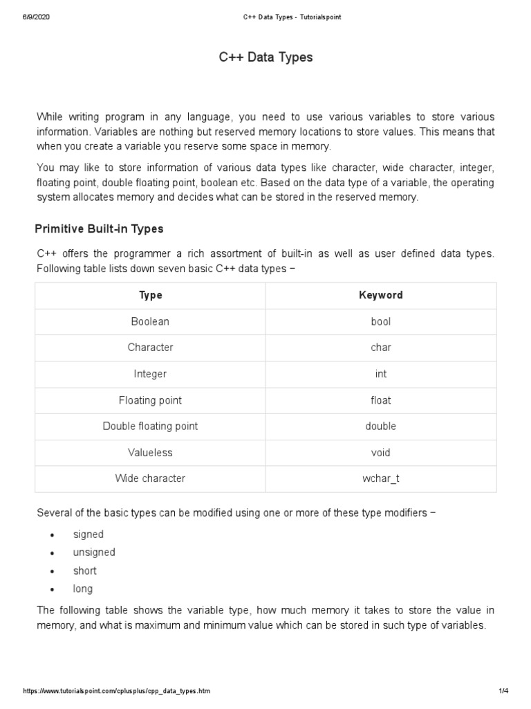 C Data Types Tutorialspoint Pdf Data Type Integer Computer 8360
