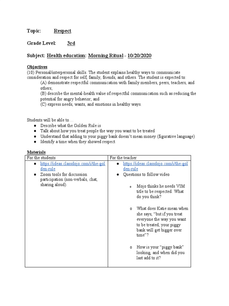 Morning Rituals Lesson Plans | PDF | Nonverbal Communication | Bullying