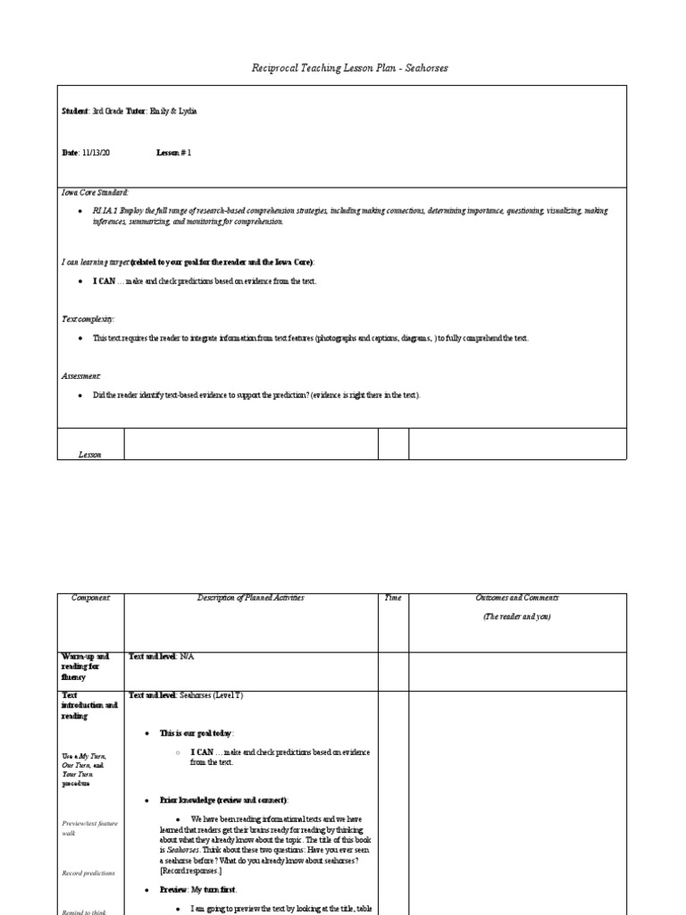 Reciprocal Teaching Lesson Plan - Seahorses: Student: 3rd Grade Tutor ...