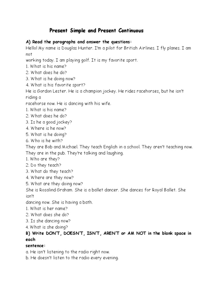 Present Simple and Present Continuous: A) Read The Paragraphs and ...