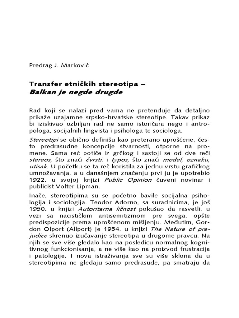 Predrag - J. - Markovic - Transfer - Etnickih - Stereotipa | PDF