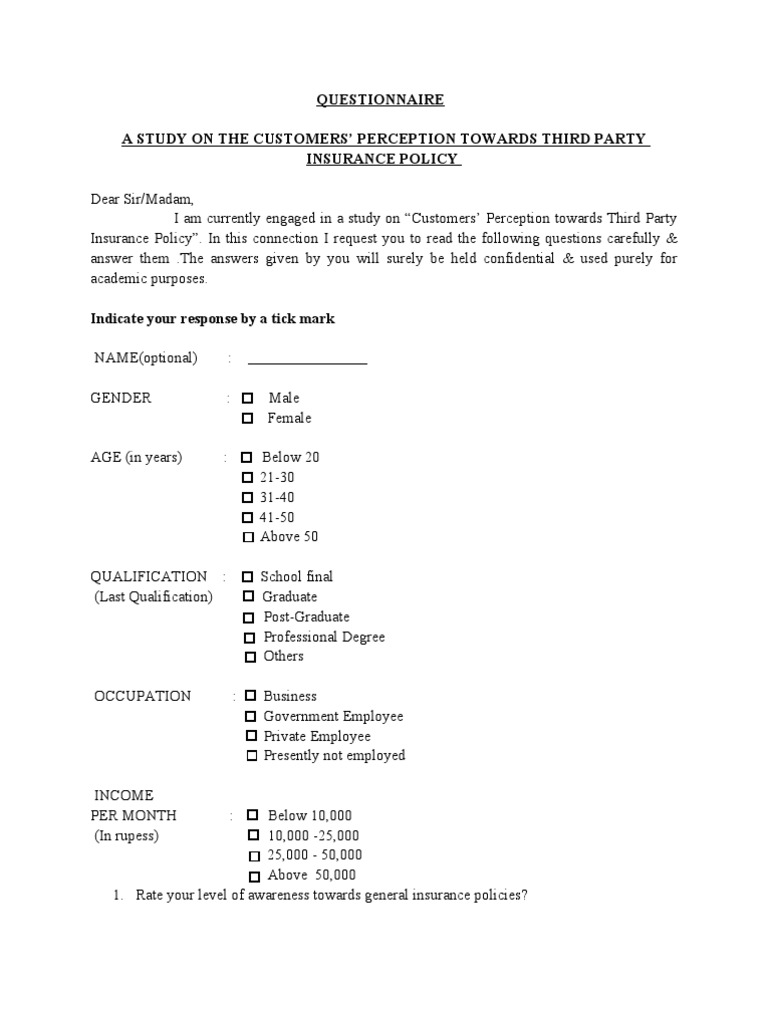 Questionnaire A Study On The Customers' Perception Towards Third Party ...
