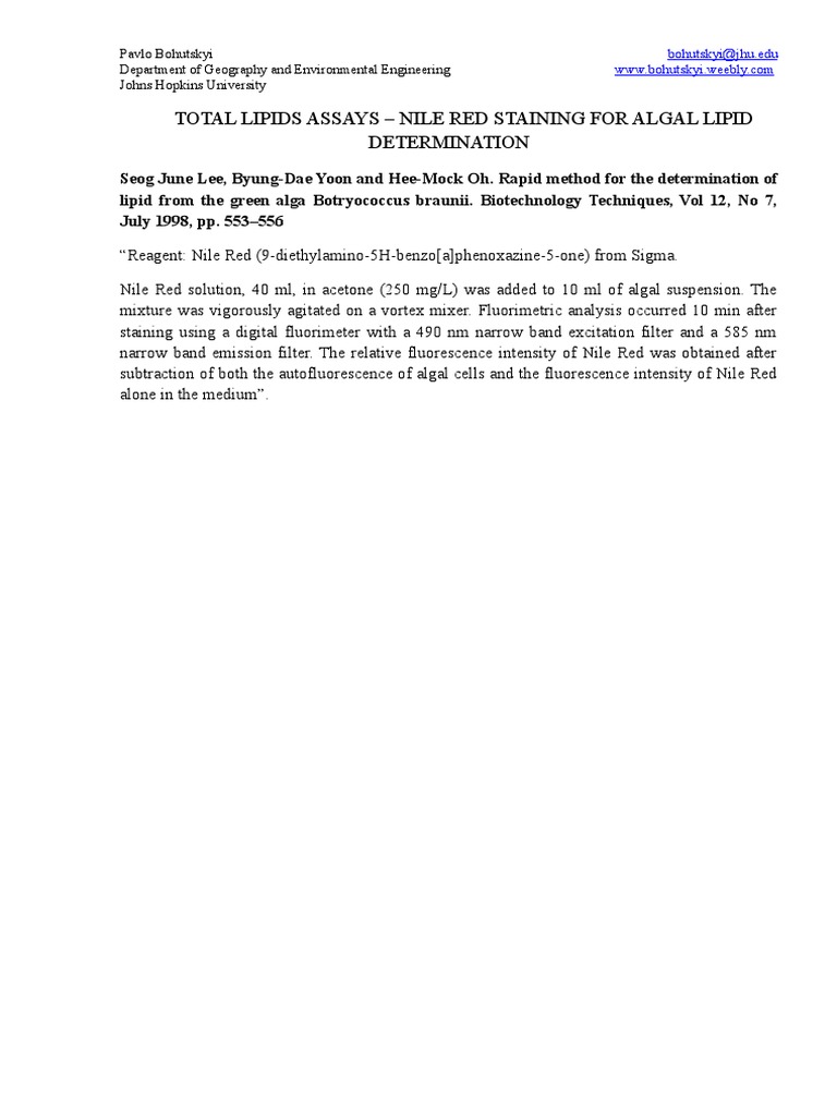 Total Lipids Assays Nile Red Staining | PDF