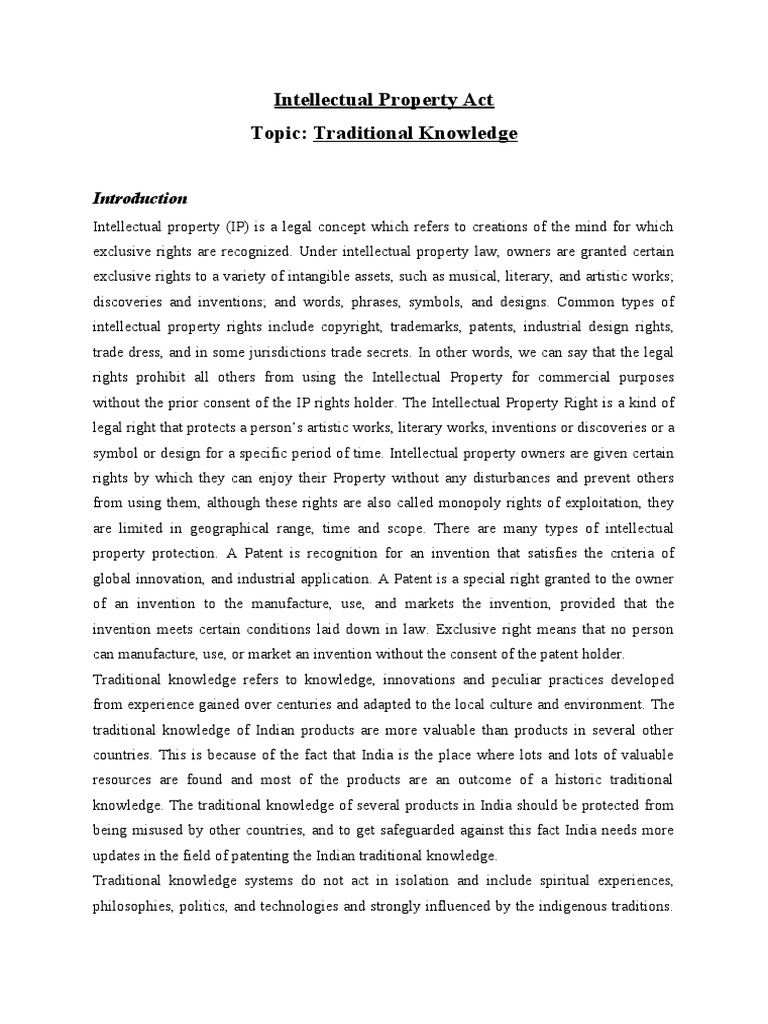 Intellectual Property Act Topic: Traditional Knowledge | PDF ...
