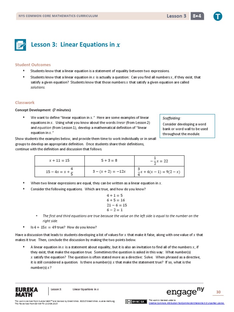 Lesson 3: Linear Equations in : Student Outcomes | PDF | Equations ...