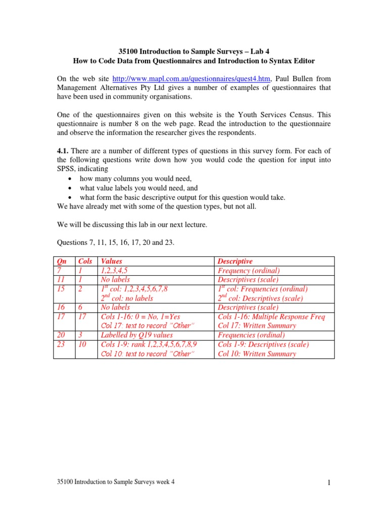 Introduction To Sample Surveys - Lab 4 How To Code Data From ...