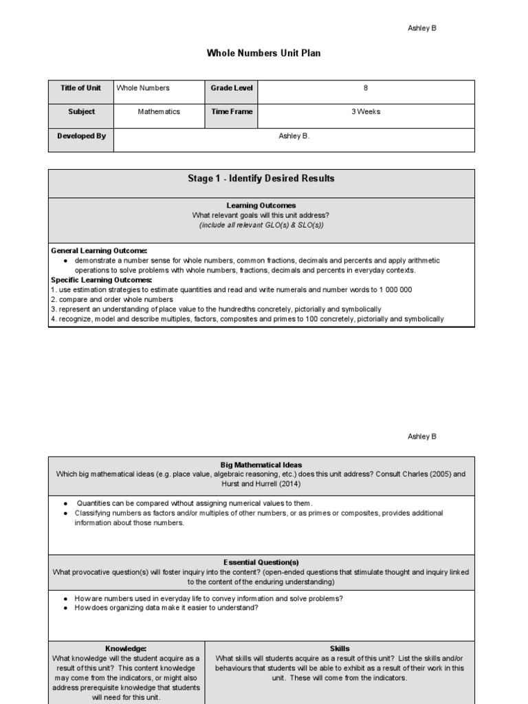Whole Numbers Unit Plan | PDF | Numbers | Fraction (Mathematics)