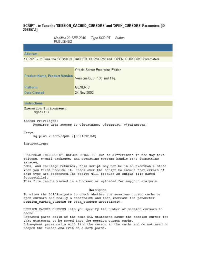 SCRIPT - To Tune The 'SESSION - CACHED - CURSORS' and 'OPEN - CURSORS' Parameters (ID 208857.1 ...