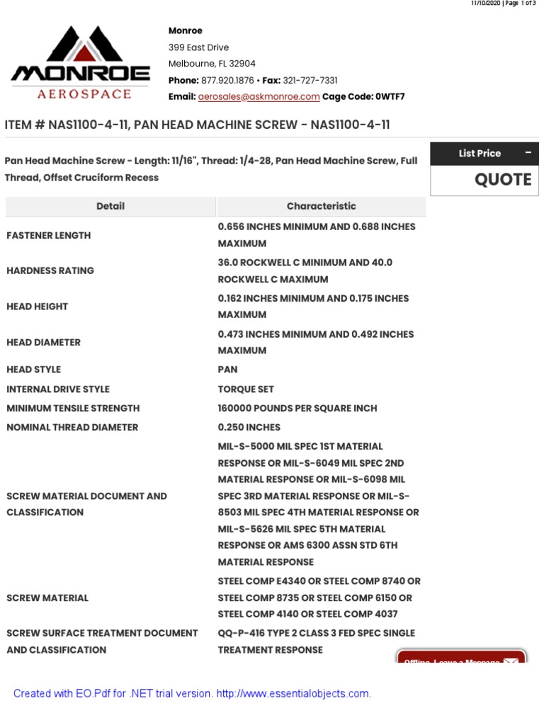 Quote: ITEM # NAS1100-4-11, PAN HEAD MACHINE SCREW - NAS1100-4-11 | PDF ...