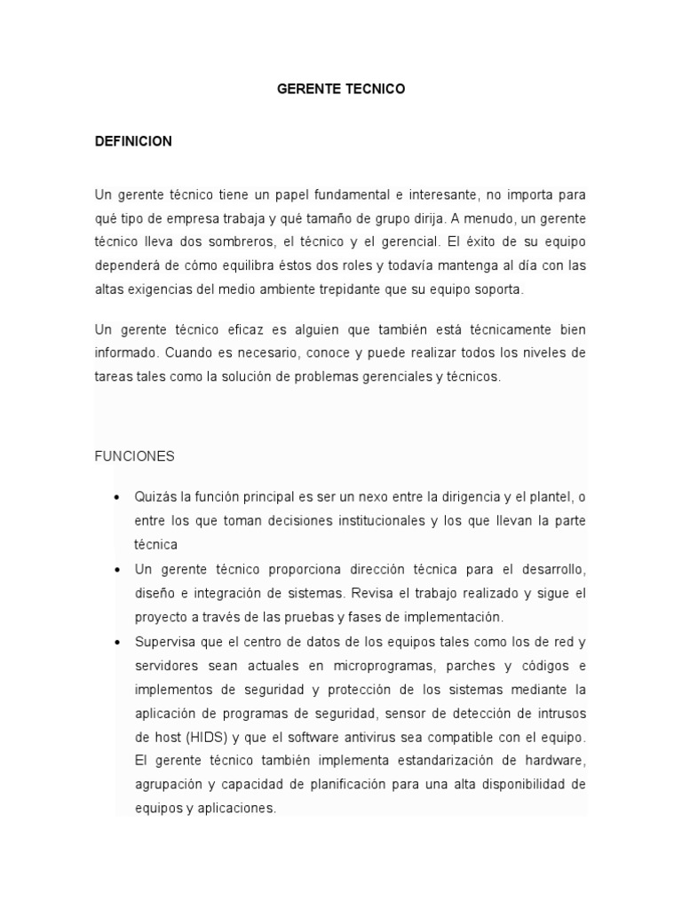 Gerente Tecnico | PDF | Presupuesto | Ingeniería de confiabilidad