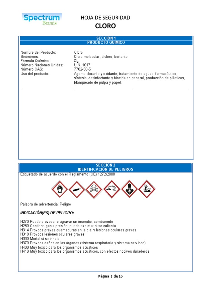 Ficha de Seguridad Cloro | PDF | Cloro | Rieles