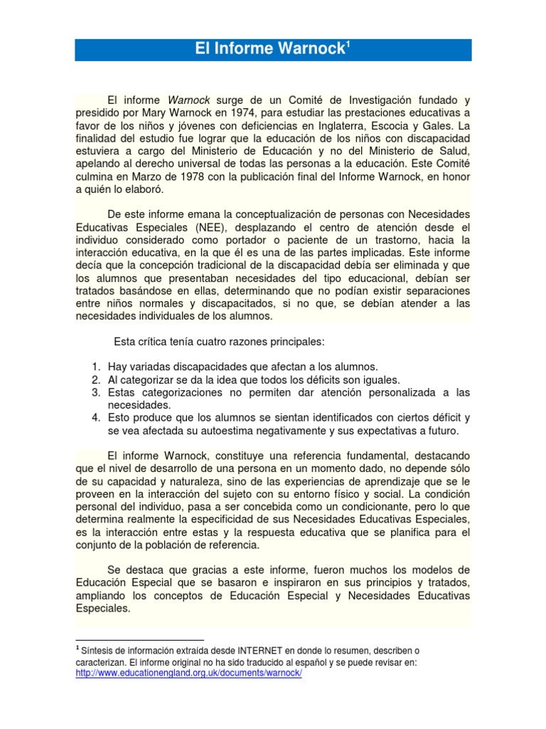 Informe Warnock Sintesis | PDF | Educación especial | Conceptos ...