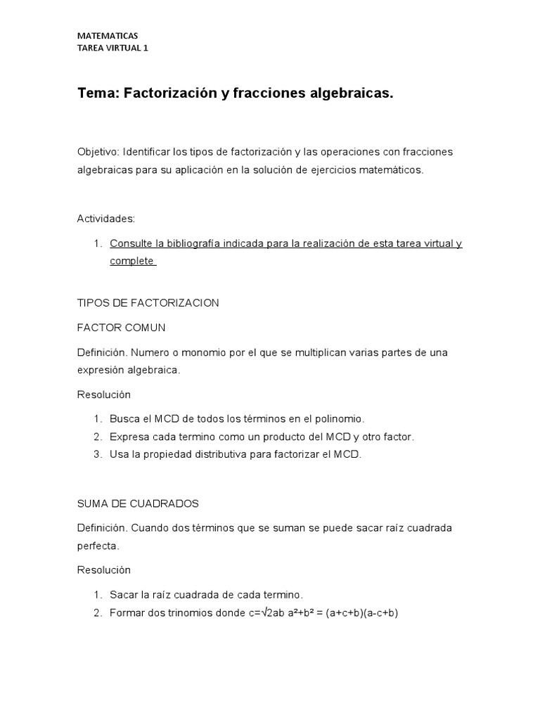 Matematicas Tarea Virtual 1 | PDF | Fracción (Matemáticas) | Factorización